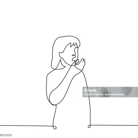 여자는 입을 벌리고 서서 손바닥을 덮고 있습니다 하나의 라인 아트 벡터 하품 재채기 기침 깜짝 놀라 입을 벌리는 개념 재채기에 대한 스톡 벡터 아트 및 기타 이미지 Istock