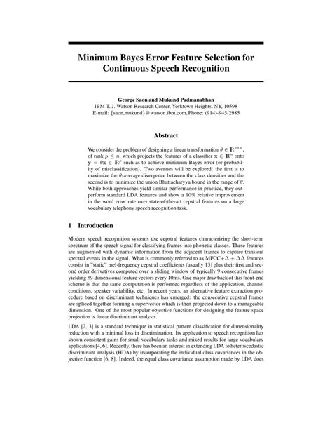 pdf minimum bayes error feature selection for continuous speech
