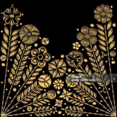 자 수 골드 추세 꽃 꽃다발입니다 검은 배경에 황금 꽃 준비와 현대 전통 민속 복장 디자인 금속 열 대 일본 청소년의 꽃 벡터입니다 0명에 대한 스톡 벡터 아트 및 기타