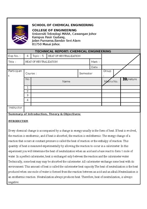Lab Report Experimen Babe OF CHEMICAL ENGINEERING COLLEGE OF ENGINEERING Universiti