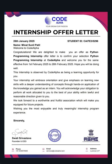 Internship Pythonprogramming Codealpha Learningopportunity Gratitude Minal Patil