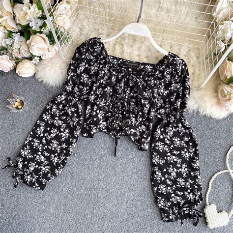 Cute Floral Long Sleeve Crop Tops On Luulla