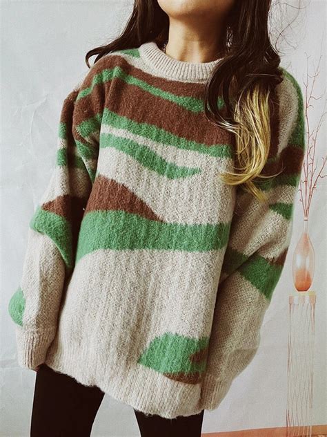 Badu Bg Дамски пуловер на райета Плетени пуловери с дълъг ръкав Елегантни топли плетива Есенни