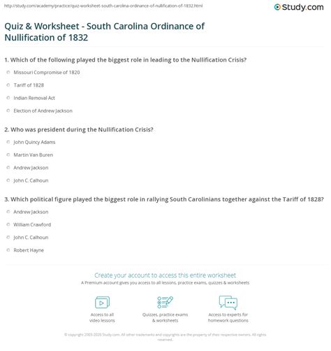 Quiz And Worksheet South Carolina Ordinance Of Nullification Of 1832