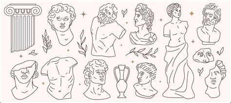 Antique Hand Drawn Sculptures Traditional Greek Style Figures Bust