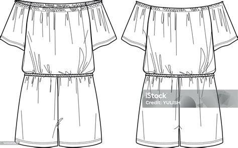 벡터 여성 스트랩리스 점프 슈트 기술 도면 신축성있는 허리 밴드 패션 Cad 템플릿 플랫 스케치 모형과 짧은 소매 점프 슈트