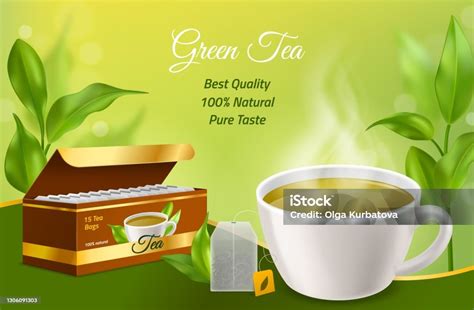 사실적인 차 아침 허브 핫 드링크와 3d 흰색 도자기 컵 티 백 골판지 상자 녹색 현실적인 잎 배경 복사 공간 벡터 개념이 있는 광고 템플릿 3차원 형태에 대한 스톡 벡터