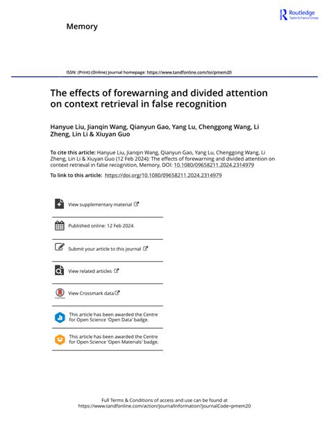 Pdf The Effects Of Forewarning And Divided Attention On Context Retrieval In False Recognition