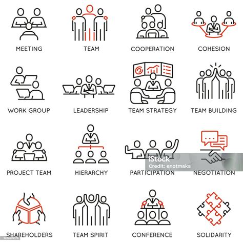 비즈니스 프로세스 팀 워크 및 인적 자원 관리와 관련된 선형 아이콘의 벡터 집합입니다 모노 라인 픽토그램 및 인포그래픽 디자인