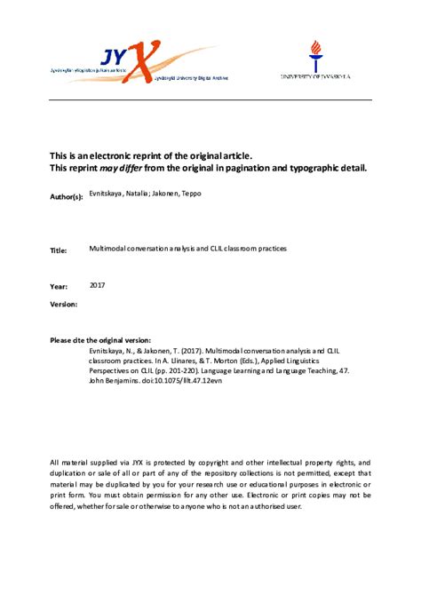 Pdf Multimodal Conversation Analysis And Clil Classroom Practices