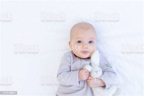 집에 있는 하얀 침대에 면복을 입은 신생아 소녀의 초상화가 그녀의 손에 박제 된 토끼와 함께 미소 짓고 텍스트를위한 장소 2 5 개월에 대한 스톡 사진 및 기타 이미지