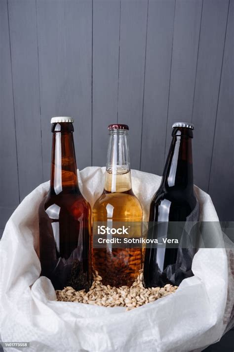보리 맥아 가방에 공예 맥주가 든 병 필스너 맥아의 에일 또는 라거 수제 집에서 양조 한 맥주 병에 대한 스톡 사진 및 기타