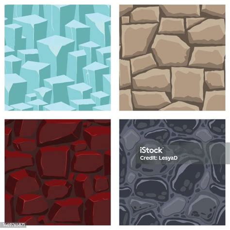 만화 게임 질감 용암 얼음 바위와 벽돌 흙과 땅 표면 원활한 패턴 게임 자산 벽 및 환경 배경 개체 그룹에 대한 스톡 벡터 아트