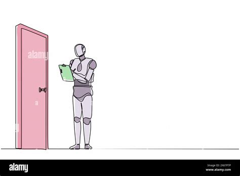 Continuous One Line Drawing Robots Standing In Front Of Door And Writing On Clipboard Humanoid