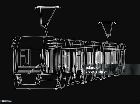 세련된 흑백 트램 일러스트레이션은 어두운 배경과 대조를 이루며 유선형 디자인의 복잡한 디테일을 특징으로 합니다 여객 열차의 부드러운 곡선과 정확한 노선 Central