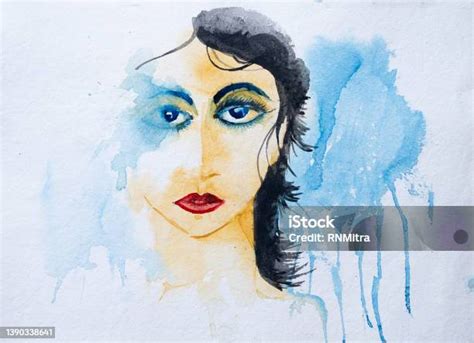 수채화 그림 매력적인 얼굴을 가진 아름다운 젊은 모델 여성의 추상적 인 초상화 손으로 그린 그림 흰색 배경 카피 스페이스에 패션