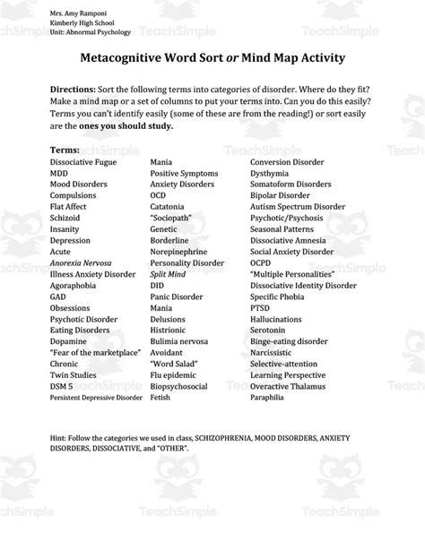 Metacognitive Word Sort Or Mind Map Activity By Teach Simple