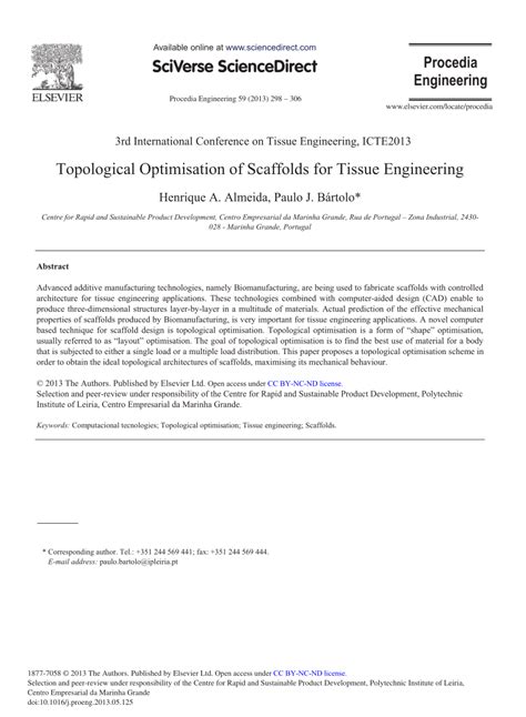 Pdf Topological Optimisation Of Scaffolds For Tissue Engineering