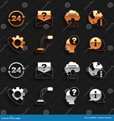 Set Microphone Information Head With Question Mark Telephone 24 Hours Support Speech Bubble
