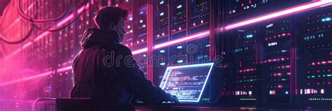 A Hacker Works Intently At A Glowing Computer Screen Surrounded By Colorful Server Racks In A
