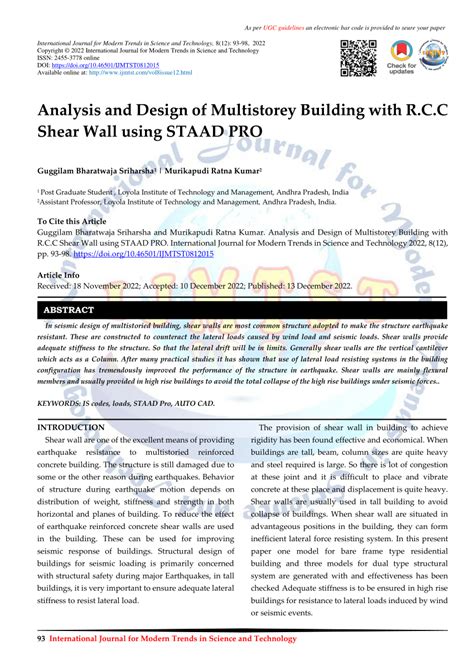 Pdf Analysis And Design Of Multistorey Building With R C C Shear Wall Using Staad Pro