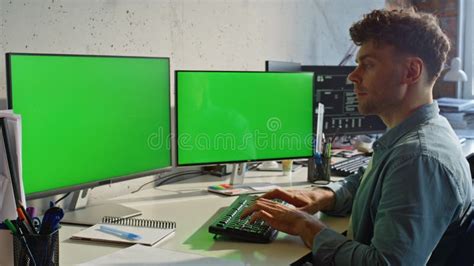 Designer Working Chromakey Monitors Typing Computer Keyboard At Office Closeup Stock Image