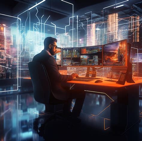 Premium AI Image A Man Sits At A Computer In A Dark Room With A Man Working On A Computer