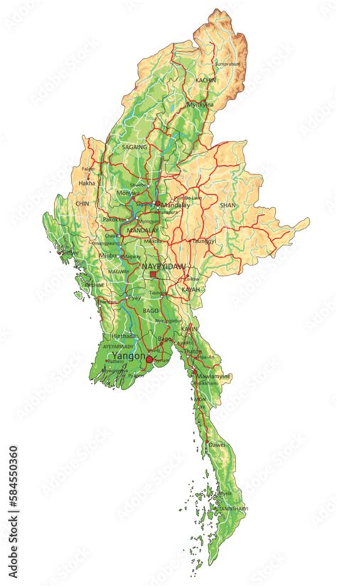Highly Detailed Myanmar Physical Map With Labeling Stock Vector