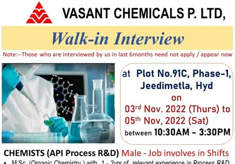 Vasant Chemicals Walk In 3rd To 5th Nov 2022 For Chemist