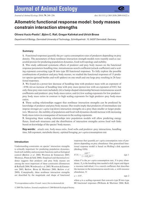 Pdf Allometric Functional Response Model Body Masses Constrain Interaction Strengths