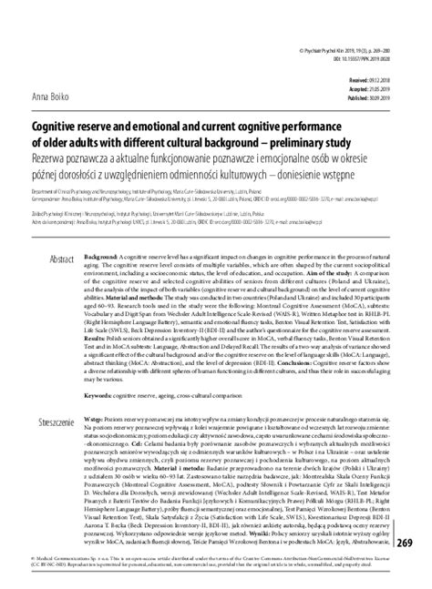 Pdf Cognitive Reserve And Emotional And Current Cognitive Performance