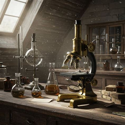 An Antique Laboratory Setup Features A Brass Microscope With A Curved