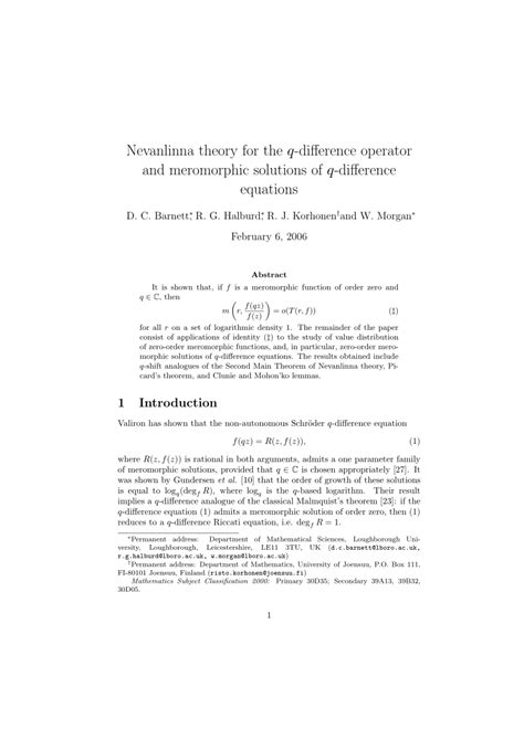 Pdf Nevanlinna Theory For The Q Difference Operator And Meromorphic Solutions Of Q
