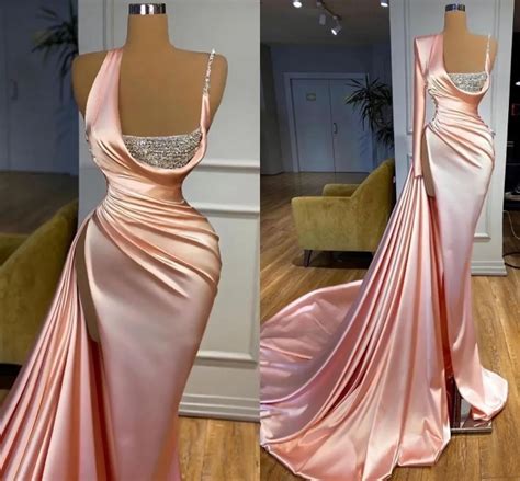 Custom Made Plus Size Mermaid Pink Satin Prom Dress With Spaghetti