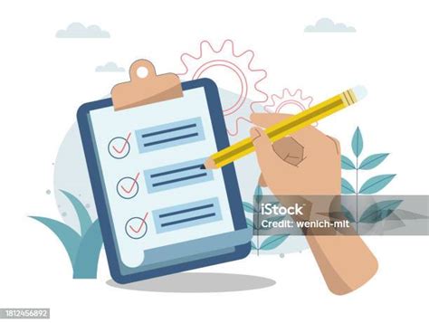 최고의 표준 점검 및 보고서 성능 검토 품질 관리 또는 인증 승인 완전한 체크리스트 성능 평가 표준 문서 손 벡터 디자인