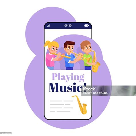 음악 스마트폰 앱 화면 재생 만화 캐릭터 디자인 모형과 휴대 전화 디스플레이 관악기 훈련 교육 게임 아이 응용 프로그램 전화