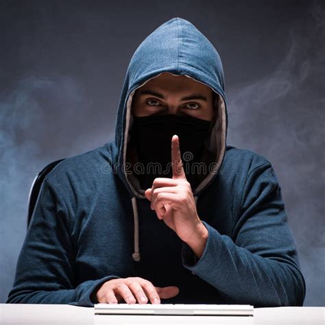 Computer Hacker Working In Dark Room Stock Photo Image Of Censorship Network