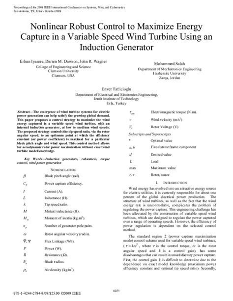 Pdf Nonlinear Robust Control To Maximize Energy Capture In A Variable Speed Wind Turbine Using