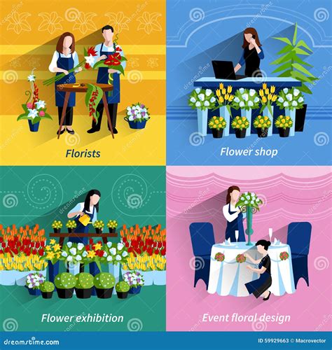 Florist 4 Flat Icons Square Composition Stock Vector Illustration Of