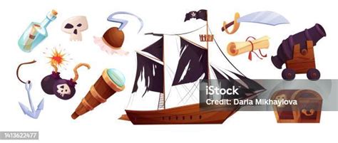 해적들은 만화 스타일로 아이콘을 설정합니다 하얀 두개골과 교차 뼈가있는 깃발 고대 양피지 해적의 보물지도 유리 병의 메시지 스파이글래스 핸드 후크 대포 오래된에 대한 스톡
