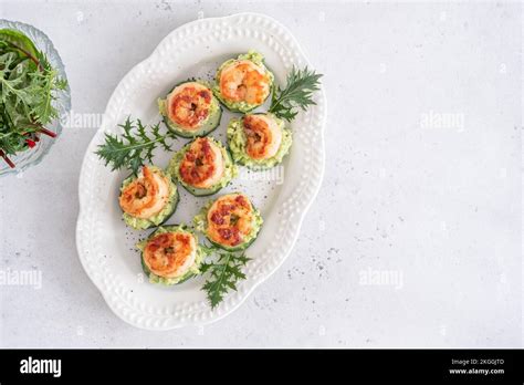 Cucumber Avocado Shrimp Appetizer Canape With Prawn Cucumber And Guacamole Party Food Finger