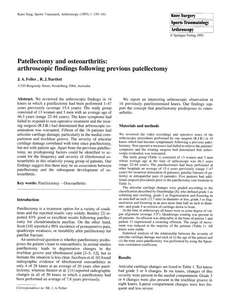 Pdf Patellectomy And Osteoarthritis Arthroscopic Findings Following Previous Patellectomy