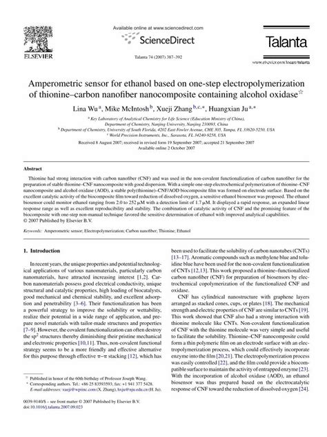 Pdf Amperometric Sensor For Ethanol Based On One Step Electropolymerization Of Thionine Carbon