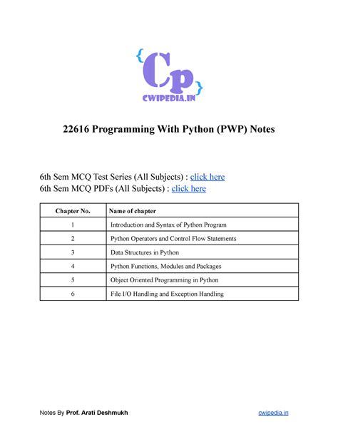 22616 Pwp Noteschapter Wise 22616 Programming With Python Pwp