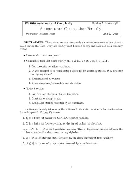 Fa18 Aug22 Automata Class Notes Cs 4510 Automata And Complexity