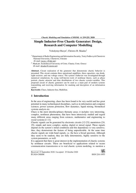 Pdf Chaotic Modeling And Simulation Cmsim 4 219 225 2020 Simple Inductor Free Chaotic