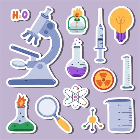 Cute Sticker Set With Cartoon Chemistry Science And Laboratory Clipart