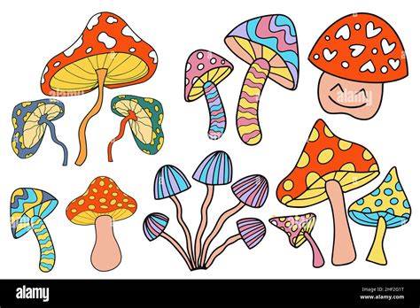 Retro 70s Psychedelic Trippy Mushrooms White Background Colorful Hallucinogenic Fantasy