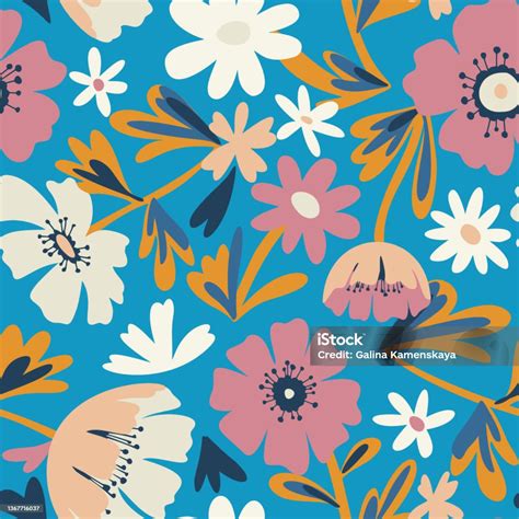 꽃 초원 식물과 필드 꽃과 데이지로 만든 꽃 원활한 패턴 트렌디 한 플랫 스타일에 손으로 그린 식물 배경 만화 그림 플랫 레트로 디자인의 심플한 자연 모티프 0명에 대한