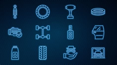 세트 라인 세차장 도어 기어 시프터 섀시 자동차 엔진 점검 충격 흡수 장치 리모컨이 있는 키 및 타이어 휠 아이콘 벡터 경계